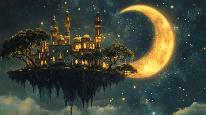 Floating Island Castle Under Crescent Moon Night Sky Stock Illustration ...