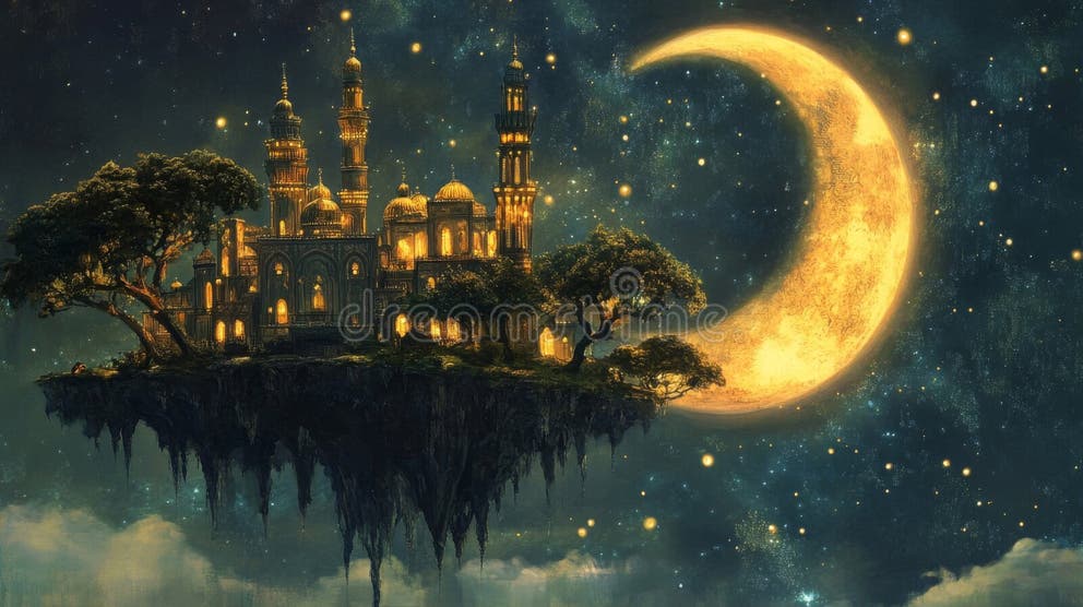 Floating Island Castle Under Crescent Moon Night Sky Stock Illustration ...