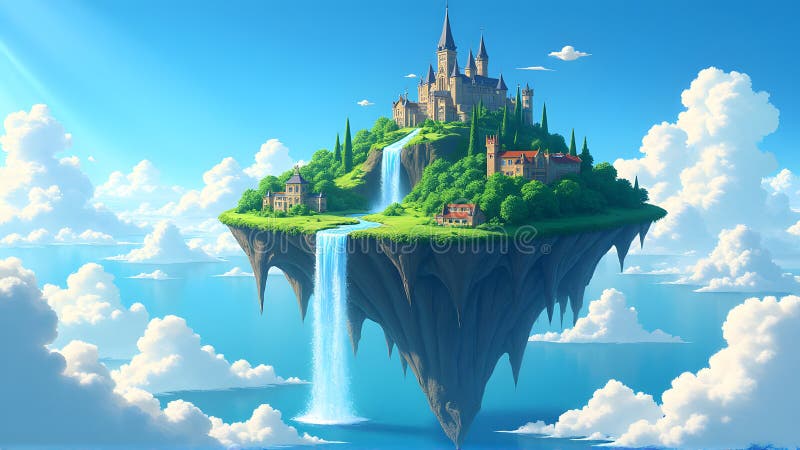 Floating Island with Castle and Waterfall Stock Illustration ...