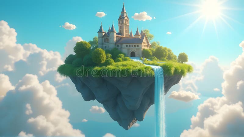 Floating Island with a Castle and Waterfall Stock Image - Image of ...