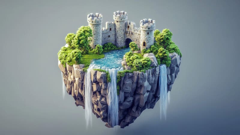 Floating Island Castle with Waterfalls Stock Illustration ...