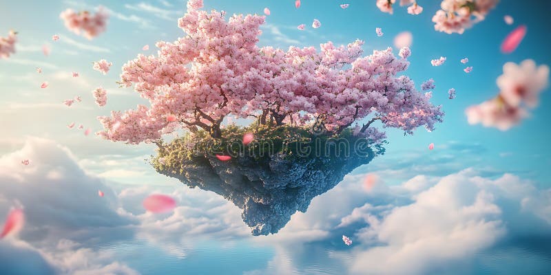 Floating Island Cherry Blossoms Fantasy Art Wallpaper Stock ...