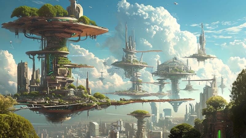 Floating Island Cities stock illustration. Illustration of mountains ...