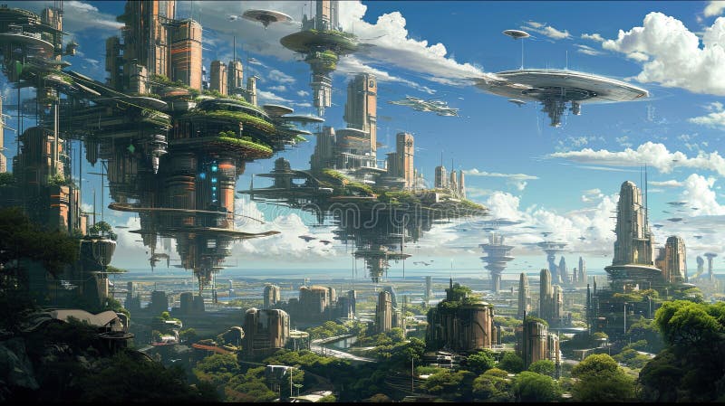 Floating Island Cities stock illustration. Illustration of trees ...