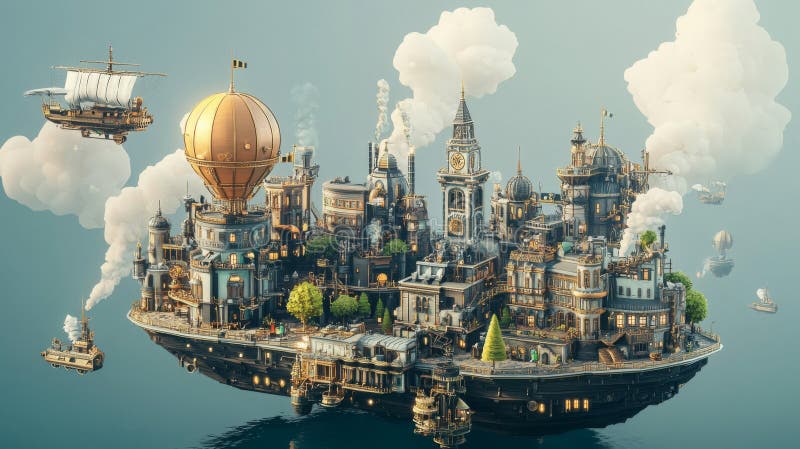 Floating Island City with Airships and Clouds Stock Illustration ...