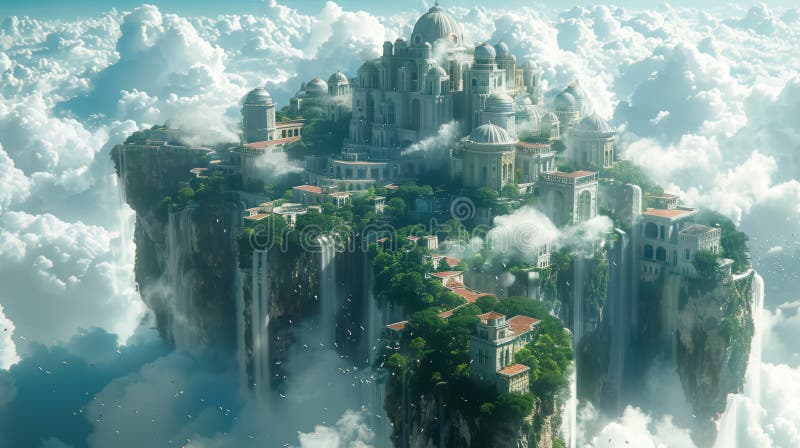 Floating Island City in the Clouds of a Gas Giant Stock Illustration ...