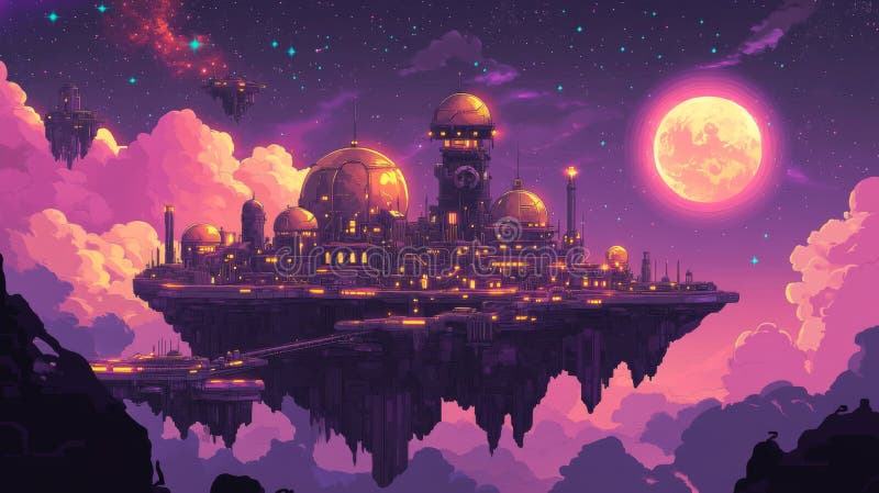 Floating Island City at Night Under a Pink Moon Stock Illustration ...