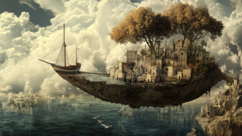 Floating Island City with Ship in Dramatic Cloudscape Stock ...