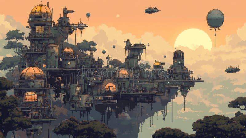 Floating Island City at Sunset Pixel Art Stock Illustration ...