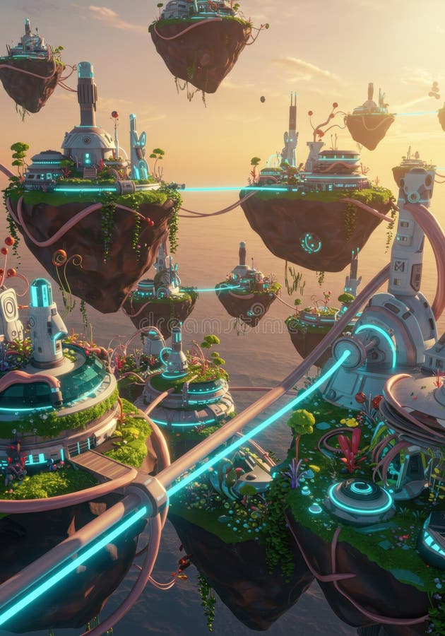 Floating Island City at Sunset: a Pixel Art Fantasy Stock Illustration ...