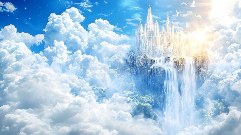Heavenly Floating Island Castle with Waterfall Fantasy Cloudscape ...