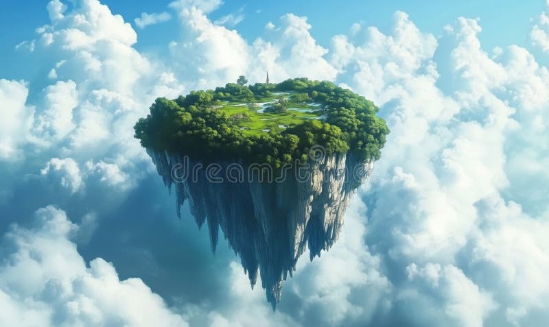 Floating Island in Clouds with Lush Greenery and Serene Landscape Stock ...