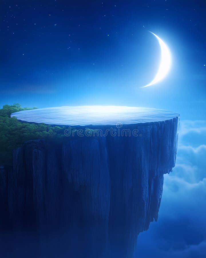 Floating Island with a Crescent Moon in a Night Sky Stock Illustration ...
