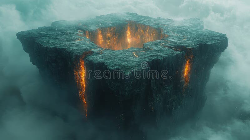 Floating Island with Deep Chasm at Its Center, Surrounded by Clouds and ...