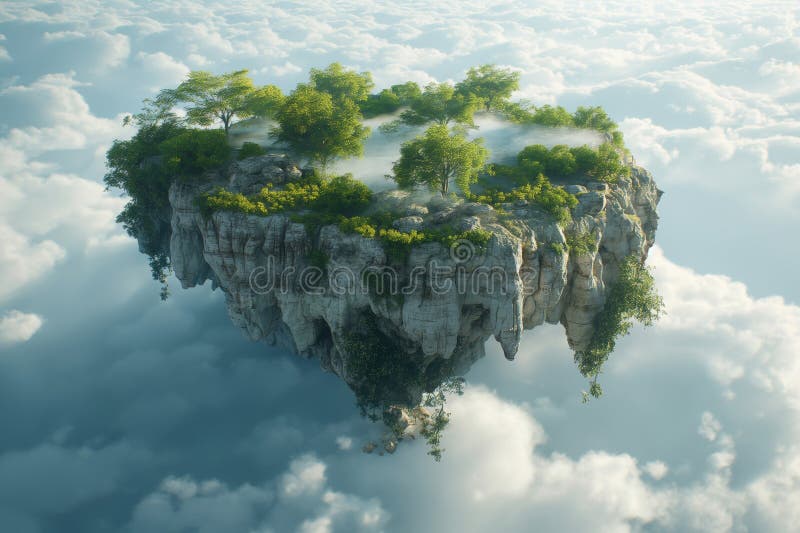 Floating Island with Dense Greenery and Steep Cliffs Stock Photo ...