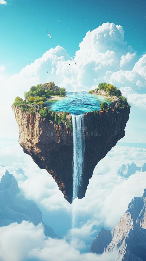 A Floating Island in a Digital Sky with Waterfalls Pouring into an ...