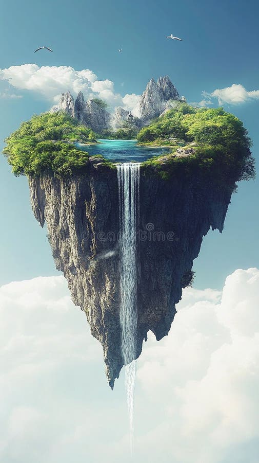 A Floating Island in a Digital Sky with Waterfalls Pouring into an ...