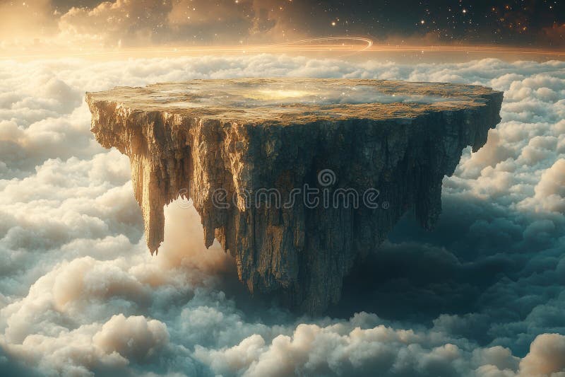 Floating Island Drifting through Galaxy, Surrounded by Clouds and Stars ...