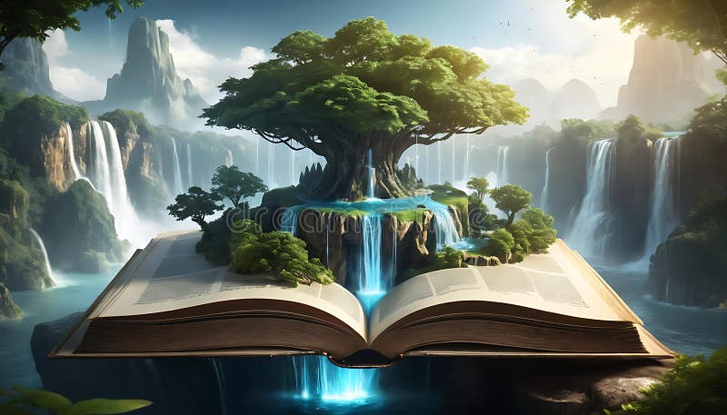A Floating Island Emerging from a Book Stock Illustration ...