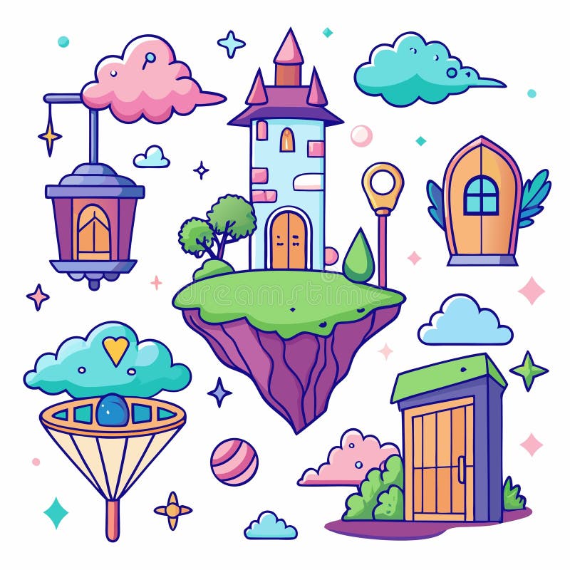 Floating Island Fantasy Elements. Colorful Whimsical Collection of ...