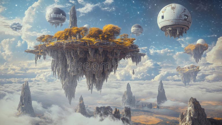 Floating Island Fantasy Landscape with Spherical Objects Stock ...