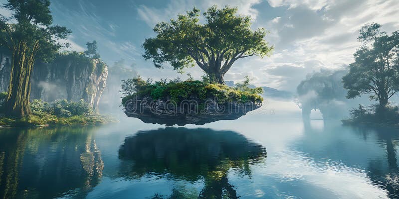 Floating Island Fantasy Surreal Tree Lake Digital Art Stock ...