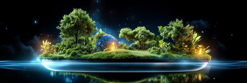 Floating Island Features Vibrant Greenery and Glowing Plants with a ...