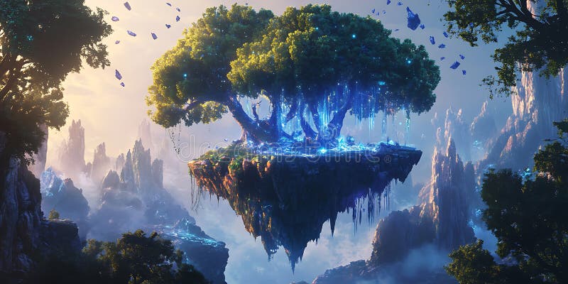 Floating Island with Giant Ancient Trees Wallpaper Background Stock ...