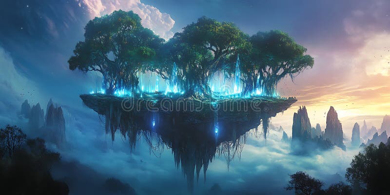 Floating Island with Giant Ancient Trees Wallpaper Background Stock ...