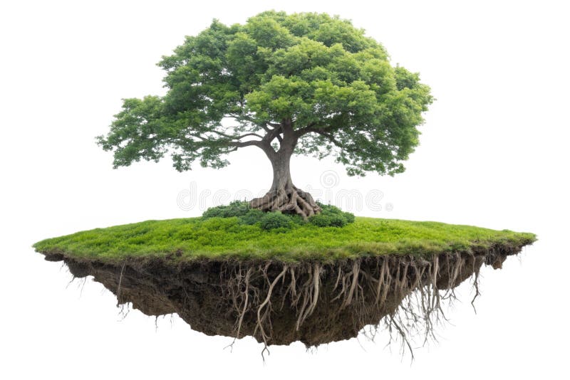 Floating Island with a Green Tree and Visible Roots, Isolated on White ...