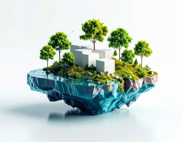 Floating Island with Green Trees and White Cubes Stock Illustration ...