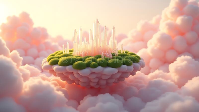 A Floating Island with Green Vegetation and Crystal Structures ...