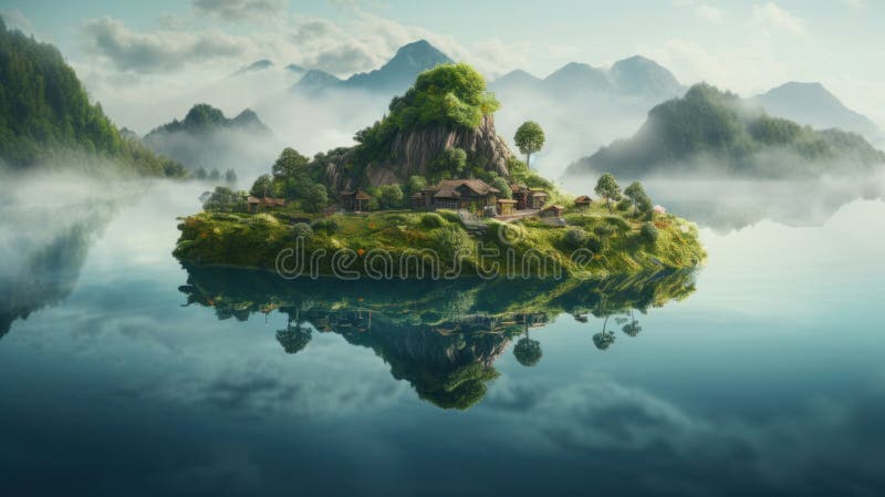 Floating Island with Greenery and Beautiful Landscape Scenery Stock ...