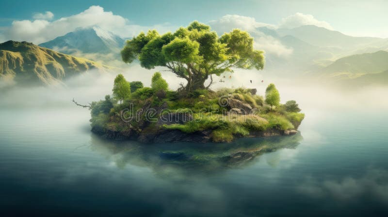 Floating Island with Greenery and Beautiful Landscape Scenery Stock ...