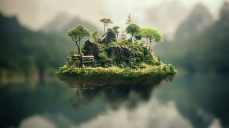 Floating Island with Greenery and Beautiful Landscape Scenery Stock ...