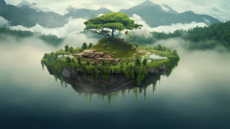 Floating Island with Greenery and Beautiful Landscape Scenery Stock ...