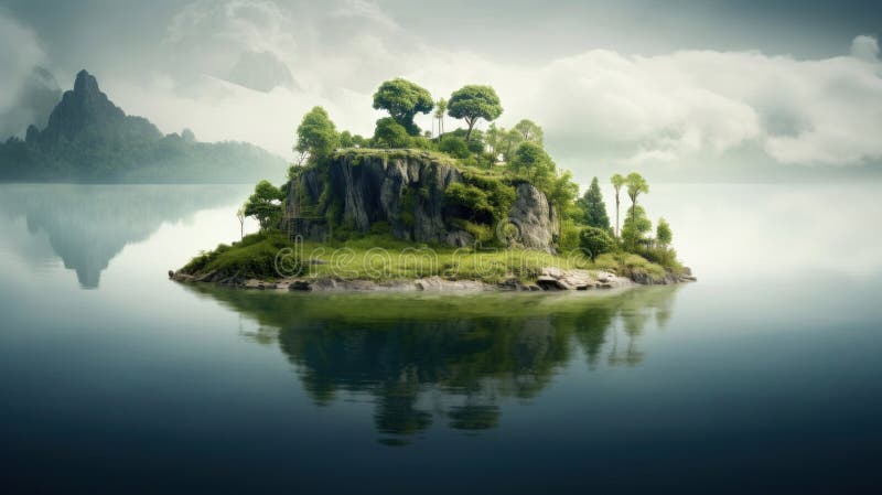 Floating Island with Greenery and Beautiful Landscape Scenery Stock ...