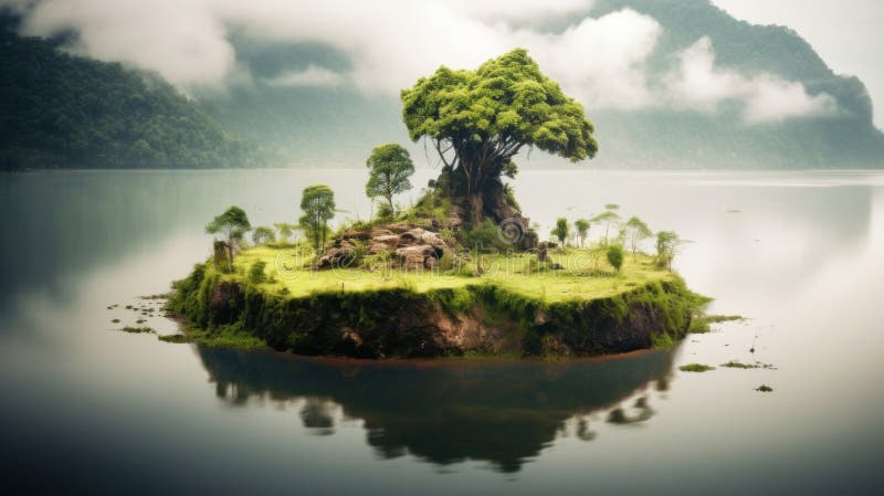 Floating Island with Greenery and Beautiful Landscape Scenery Stock ...