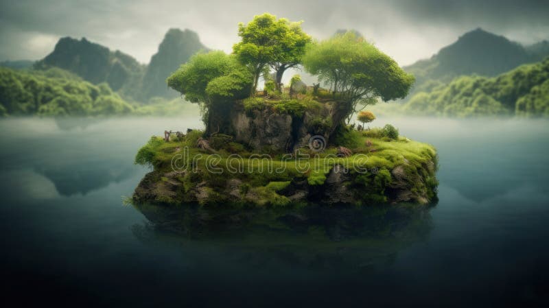 Floating Island with Greenery and Beautiful Landscape Scenery Stock ...
