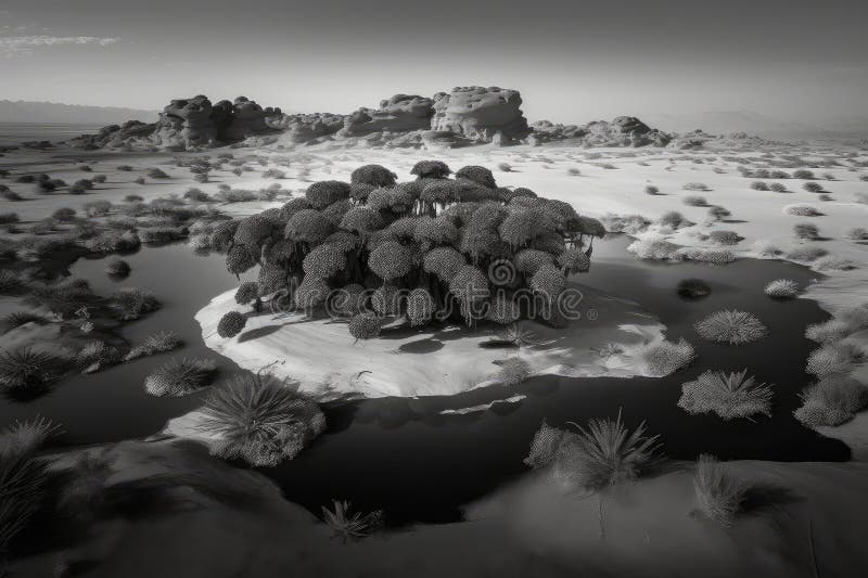 Floating Island of Greenery in Desolate, Monochrome Desert Stock ...
