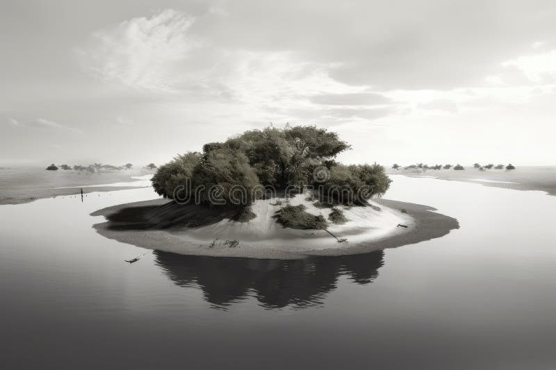 Floating Island of Greenery in Desolate, Monochrome Desert Stock ...