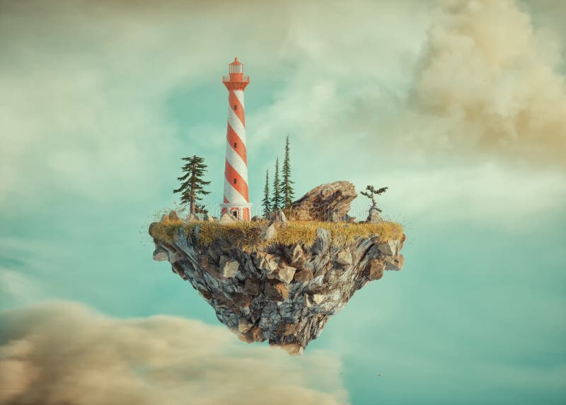 Floating Island with a Lighthouse Stock Illustration - Illustration of ...