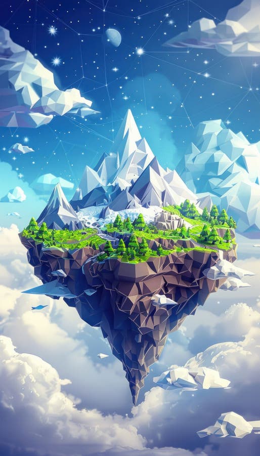Floating Island with Low Poly Mountains and Forest. Generative Ai Stock ...
