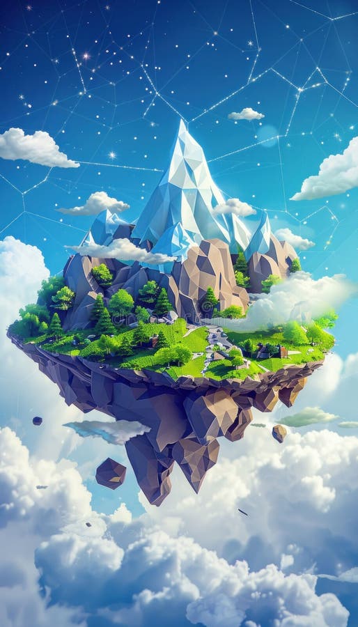 Floating Island with Low Poly Mountains and Forest. Generative Ai Stock ...