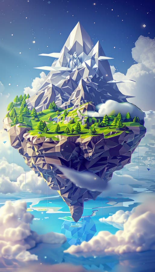 Floating Island with Low Poly Mountains and Forest. Generative Ai Stock ...
