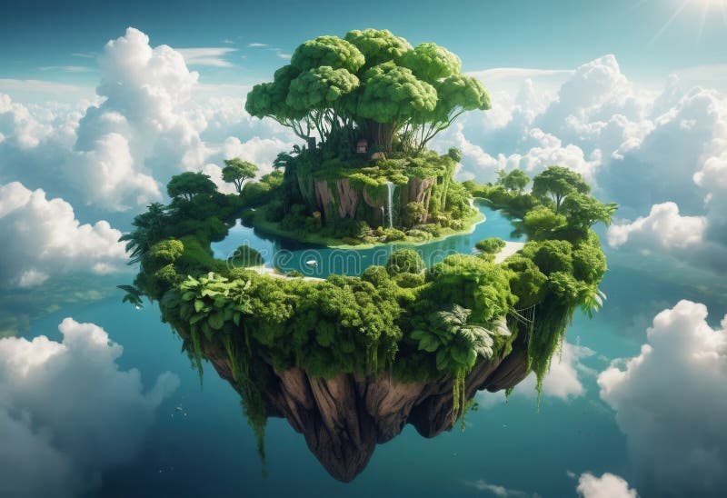 Floating Island with Lush Greenery and Crystal Clear Waters Stock Photo ...