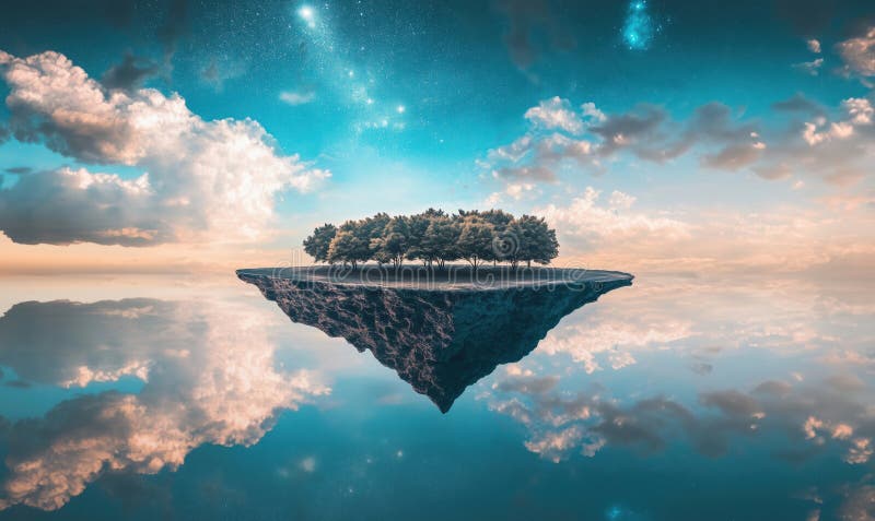 Floating Island with Lush Trees Surrounded by Reflective Water and ...