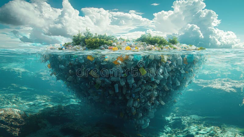 Floating Island Made of Plastic Waste Surrounded by Clear Water and ...