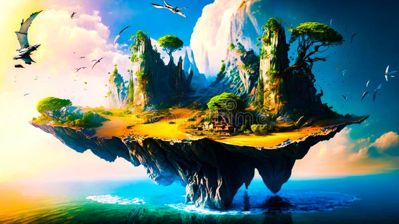 Floating Island in the Middle of the Ocean. Fantasy Stock Illustration ...