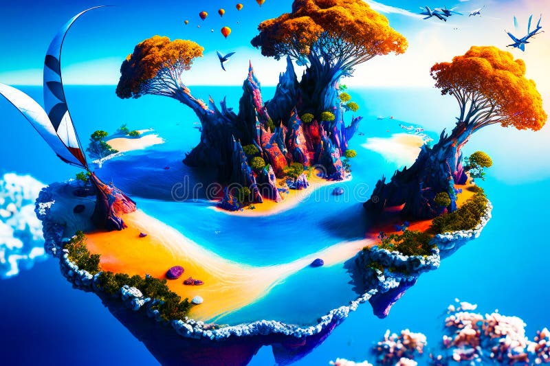Floating Island in the Middle of the Ocean. Fantasy Stock Illustration ...